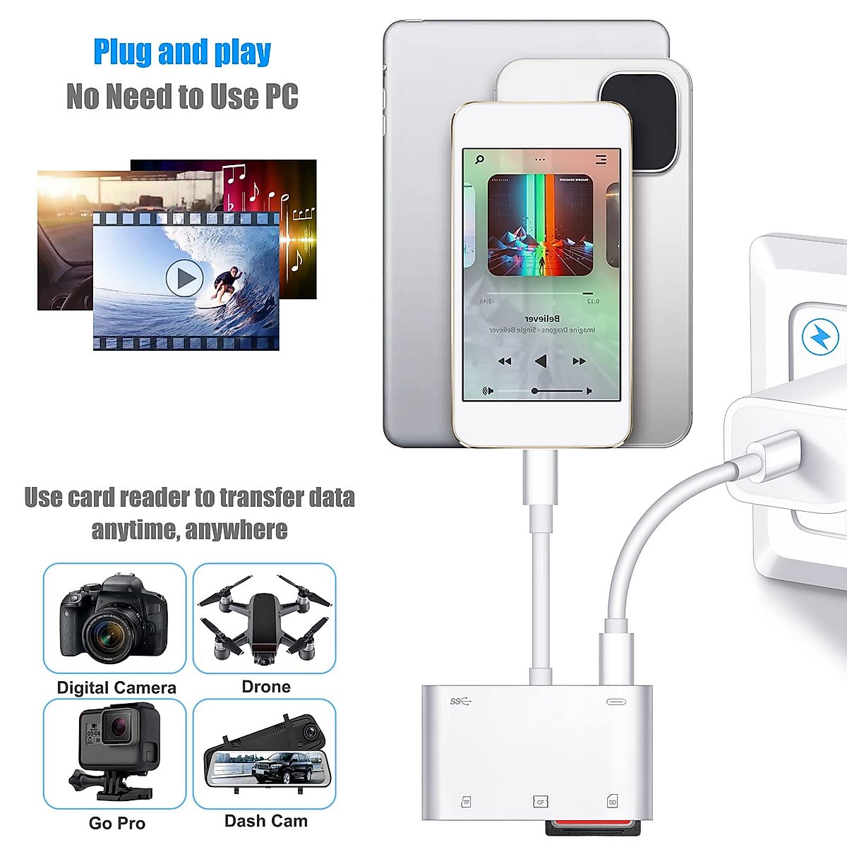 DenicMic SD CF Card Reader for iPhone iPad, SD CF Card Reader Compact Flash Reader Camera Memory Card Reader with Charging Port Camera Accessories Compatible to SD, SDHC, SDXC, TF Cards