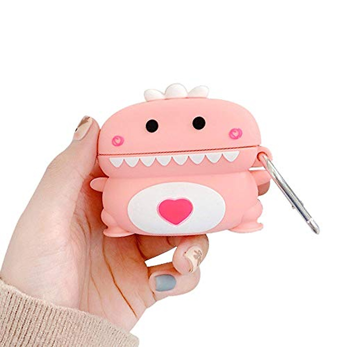 BONTOUJOUR AirPods Pro Case, New Super Cute Creative Lovely Standing Round Belly Love Heart Baby Dinosaur AirPods Case, Soft Silicone Earphone Protection Skin for AirPods Pro +Hook -Pink