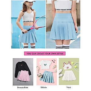 Arshiner Tennis Skirt Pleated Golf Skirts with Pockets Workout Sports Running Athletic Mini Skort (Light Blue, 8-9 Years)