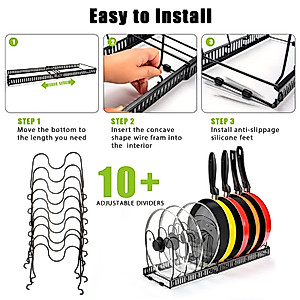 Levanco 10+ Expandable Pan Organizer Rack, 10 Adjustable Compartments Pot Rack, Pot Lid Organizer Rack for Kitchen Cabinet Pantry Storage