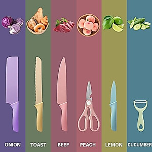 Colorful Kitchen Knife Set 6 PCS, Colored Knives Set with Non-Stick Coating, Chef Boxed Knives Set for Cooking, Camping, Travel, Picnic, BBQ and RV