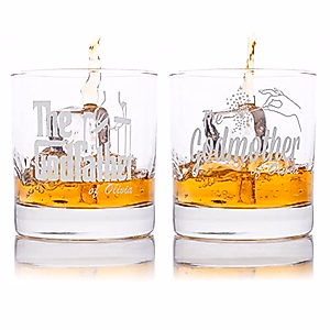 The Godfather & The Godmother Etched Whiskey Glass Set with Your Personalized Text - Officially Licensed, Premium Quality, Handcrafted Glassware, 11 oz Rocks Glass - Collectible Gift for GodParents