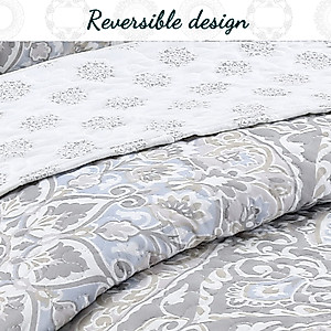 Cozy Line Home Fashions Medallion Floral Reversible Bedding Quilt Set, Lightweight Bedspread Coverlet for All Seasons (Grey Venetia, Queen - 3 Piece)