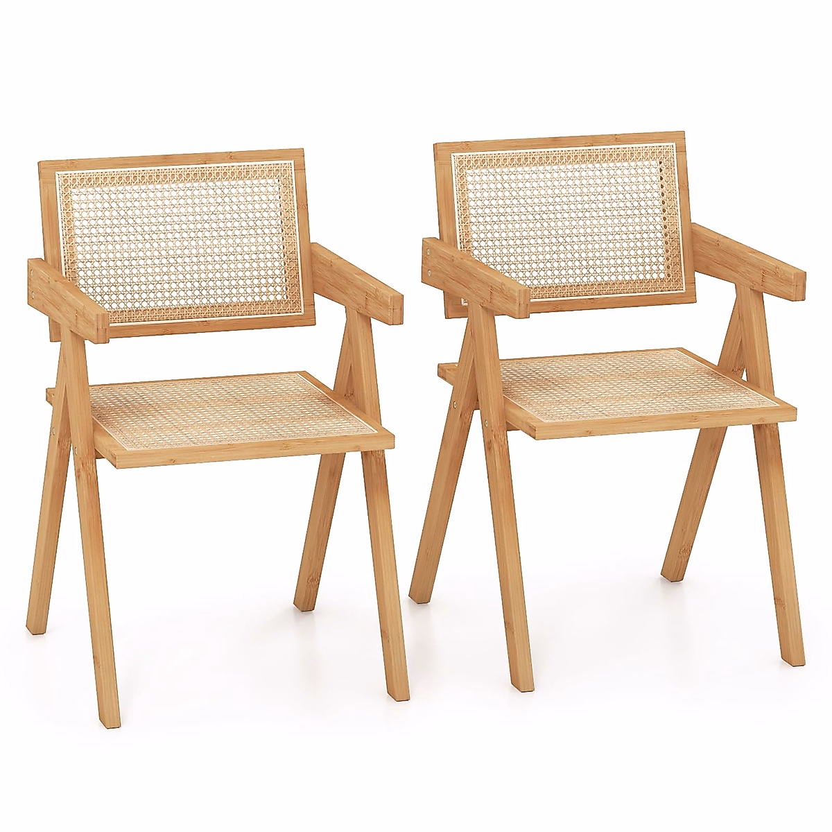 Giantex Boho Cane Dining Chairs Set of 2, Max Load 330 Lbs, Wooden Dining Chairs, Bamboo Accent Armchair for Living Room, Dining Room, Natural