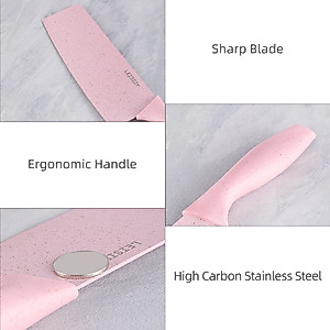 LEISIDY 7 Pieces of Pink Kitchen Knife Set - Non-stick Stainless Steel Kitchen Knives Set with 1 Scissor & 1 Peeler Stand and Chopping Board with Gift Box