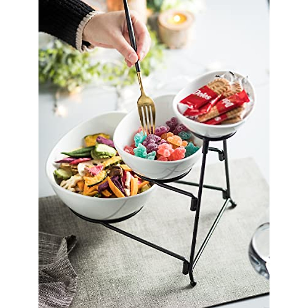 Miamolo Triple Ceramic Serving Bowl Set with Stand - White Serving Tiered Stand,Set of 3 Oval Bowl Set Perfect for Table Decoration Set Party Chip Rack Display Salad Bar Serving Set - Black Stand