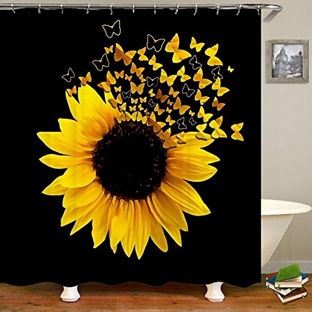 Yuaobeimei Golden Sunflower and Butterfly Floral Patterned Shower Curtain Set 4 Pieces 3D Printing Floral Bathroom Decor with Bath Rugs Mat,and 12 Hooks, 71x71inch