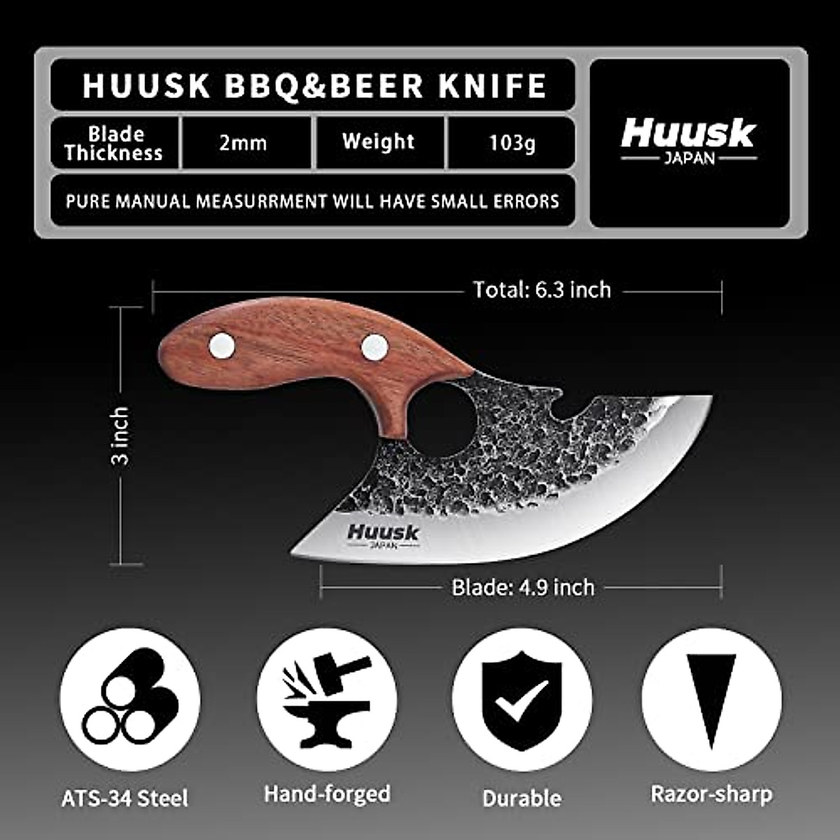 Huusk Japan Knife, Viking Boning Knife for Meat Cutting, Small Ulu knife, Caveman Ultimo Knife Hand Forged Full Tang Knife for Kitchen or Camping Thanksgiving Christmas Gifts Light Black Blade