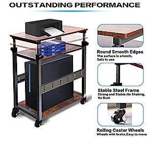 3 Tier Computer Tower Stand Adjustable, PC Tower Stand for Carpet, Height Adjustable Printer Stand with Storage, PC Computer Tower Carts with Wheels, Large Tall Gaming Computer Tower CPU Stand Wood