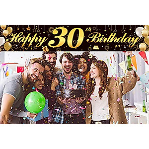 Happy 30th Birthday Banner,Birthday Party Sign Backdrop Banner For Men Women Cheer to 30 Years,Durable Black&Gold Glitter Birthday Sign Yard Sign For 30th Birthday Party Decoration Supplies(30 Black)