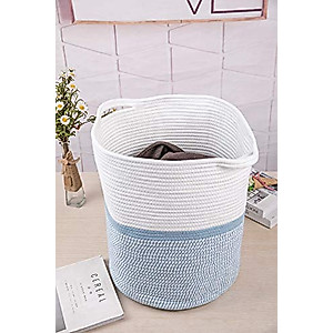 M Size Blue White Laundry Basket with Handles Toy Basket Clothes Hamper Home Decor Basket Towel Storage Woven Blanket Basket Cotton Rope Decorative Blanket Basket,Environmental Protection Material