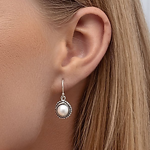 925 Sterling Silver Dangle Drop Earrings w/Freshwater Pearl Nested in Beaded Bezel Antique Finish, Stylish, Hypoallergenic, Nickel & Lead-free, June Birthstone, French Wire Back, Made In Israel