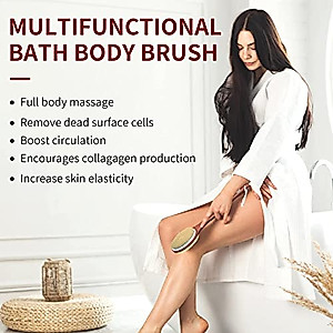 Metene Shower Brush with Upgrade 17-inch Rosewood Handle, Double-Sided Body Brush with Stiff and Soft Natural Bristles for Wet or Dry Brushing, Back Scrubber for Gentle Exfoliating and Clean Easily