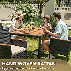 Devoko 5 PCS Furniture, Patio Conversation Set with Acacia Wood Top, Rattan Outdoor Dining Table and Chairs for Backyard, Garden, Deck, Black