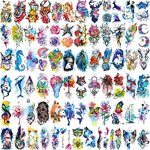 JEEFONNA 86 Sheets Temporary Tattoo, 14 Sheets Large Half Arm Fake Tattoos, Flower Cat Owl Lion Temporary Tattoos for Women Men, 72 Sheets Tiny Waterproof Semi Permanent Temporary Tattoos Realistic for Women Girls Kids Adults