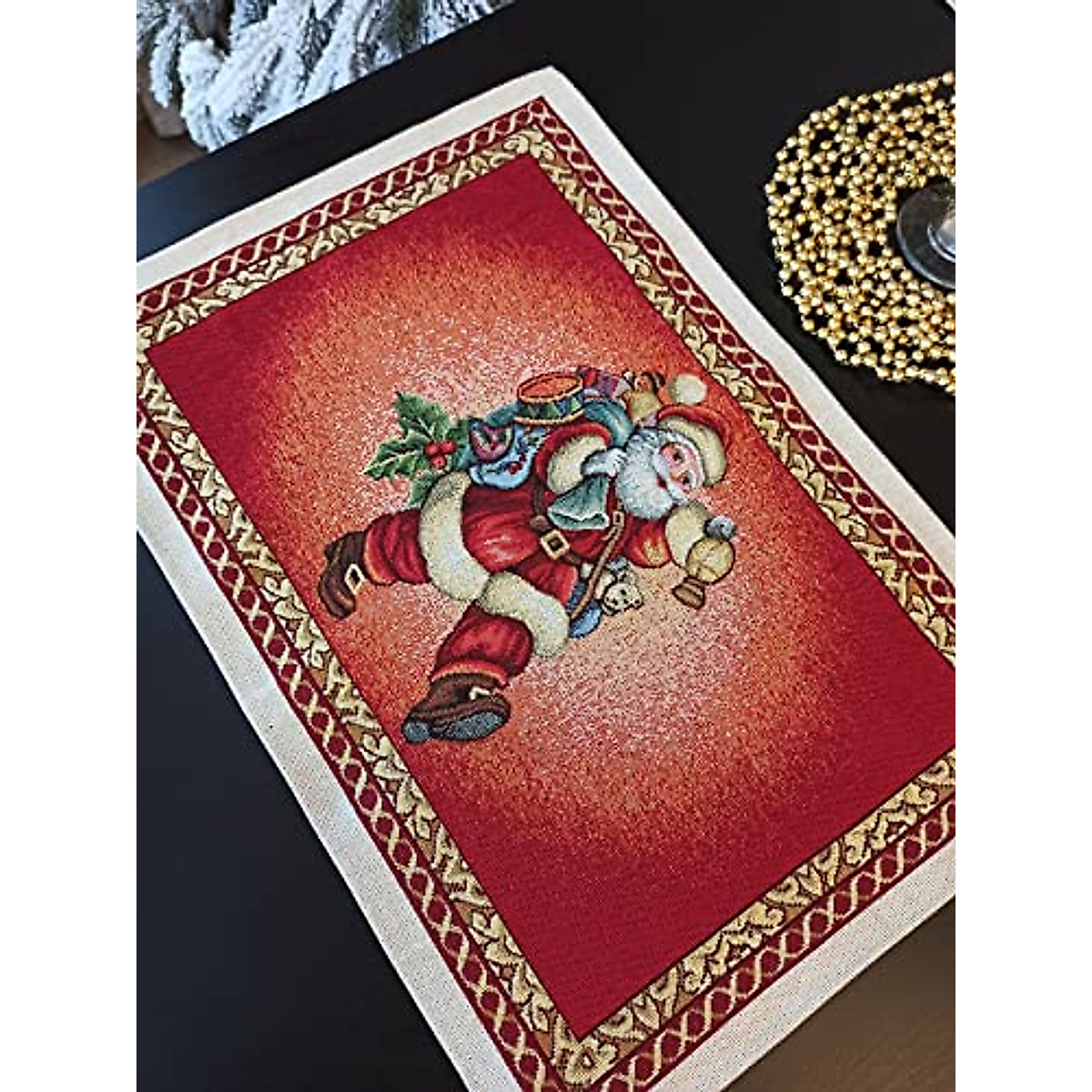 Christmas Placemats with Santa Set of 2 Red Fabric Holiday Glitter with gold Lurex (set of 2) Size:13in X 19in (34cm X 49cm)