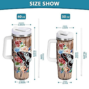 Rustic Butterfly Floral 40 Oz Tumbler with Handle and Straw, Stainless Steel Coffee Mug, Insulated Coffee Cups with Lids