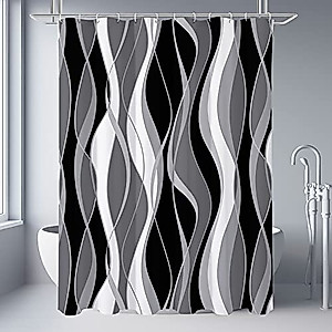 Gibelle Black and Grey Shower Curtain, Gray and White Abstract Modern Bathroom Decor, Waffle Weave Textured Fabric Shower Curtain Set with Hooks, 72x72