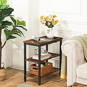 HOOBRO End Table, Simple Rustic Side Table with 3-Tier Storage Shelf, Narrow Nightstand for Small Spaces, Easy Assembly, for Living Room, Entryway, Industrial Design, Rustic Brown and Black BF14BZ01