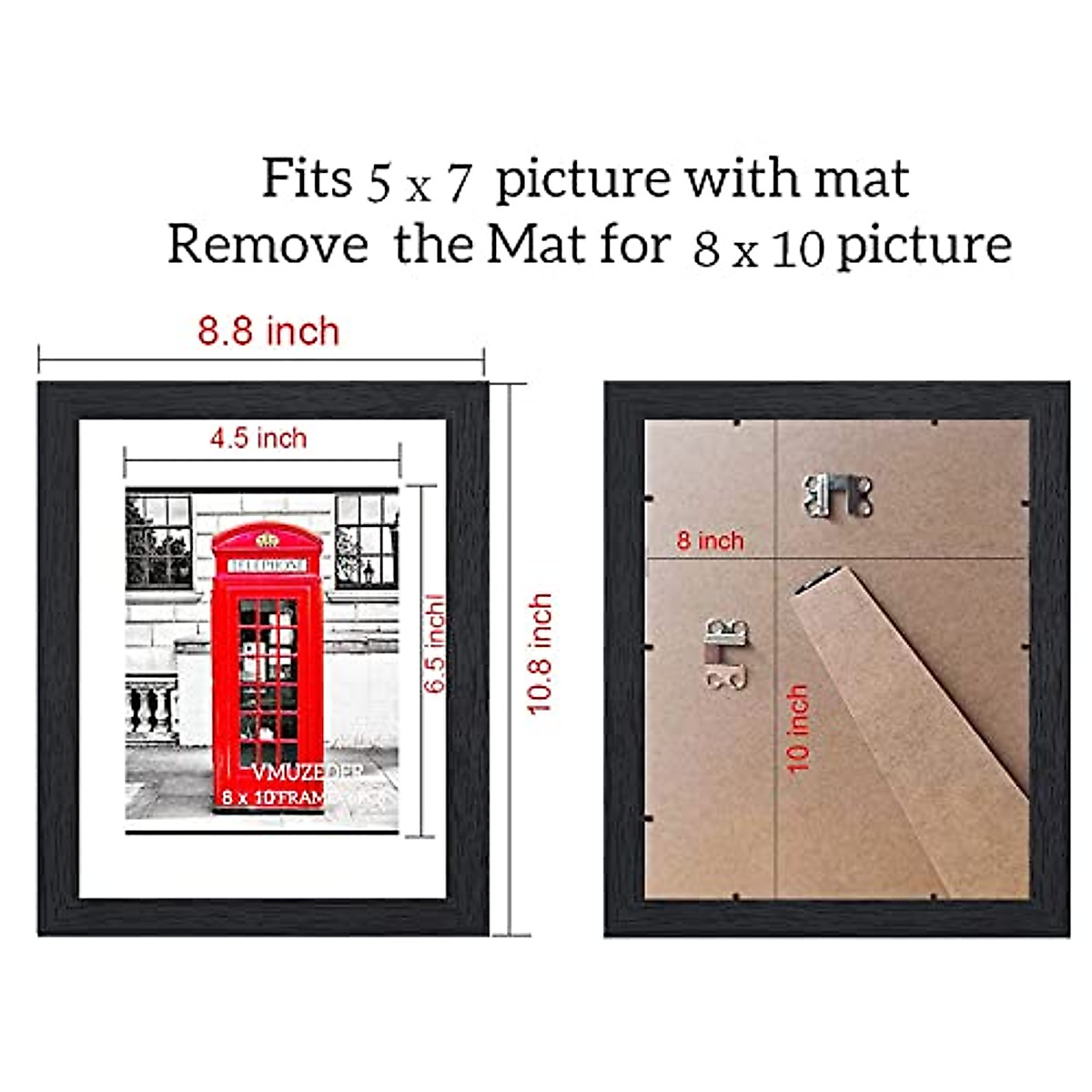 VMUZEDER 8x10 Picture Frame Black Set of 6,Display Pictures 5x7 with Mat or 8x10 Without Mat for Wall Mounting or Table Top Display, Photo Frames Collage for Wall