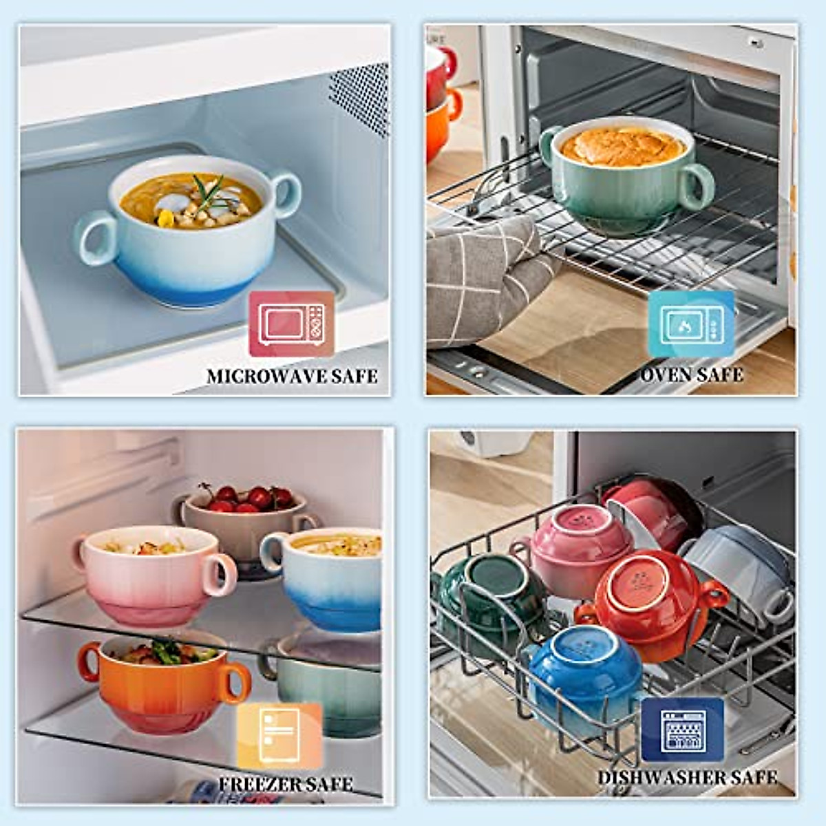 LOVECASA Multi-Color 13 OZ Soup Bowls with Handles, Ceramic French Onion Soup Bowls, Soup Mugs Serving Bowls for Kitchen, Microwave & Dishwasher Safe, Set of 6