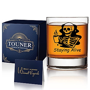 TOUNER Staying Alive Whiskey Glasses, Halloween Skull Whiskey Glass, Funny Birthday Gifts For Men, Funny Gift For Husband Dads Grandpa, Unique Gift For Men, Halloween Christmas Gift For Her Him