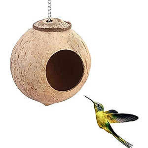 Bird Feeder Natural Coconut Shell Bird Nest with Hanging Lanyard, Birdhouse Hut Cage Feeder Toy for Pet Parrot