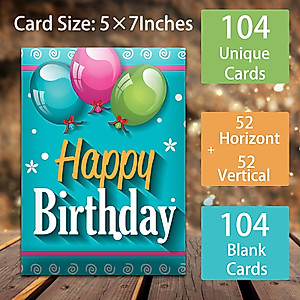 Happy Birthday Cards, 104 Birthday Card Bulk with Envelopes - Blank Inside, 5 x 7 inches Assorted Birthday Greeting Cards in Box