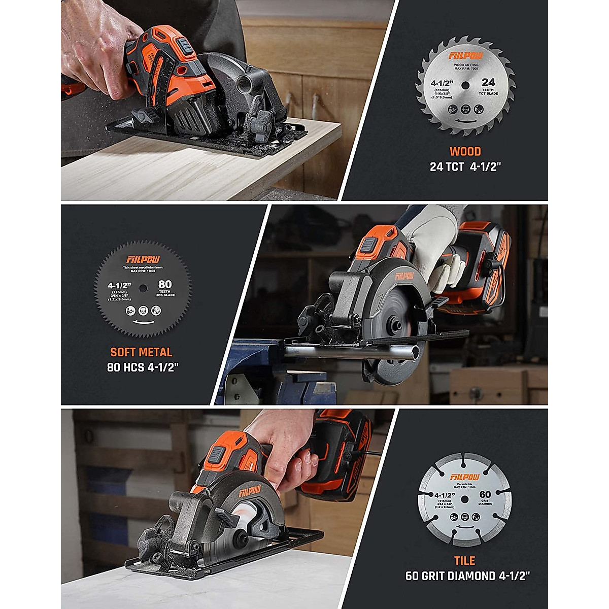 4-1/2 inch Cordless Circular Saw, 20V Mini Circular Saw Cordless 5500 RPM & 2.0Ah battery & Fast Charger, 3 Blades (24 TCT/80 HCS/60 DIAMOND) for Wood, Soft Metal and Tile - MC8 Pro