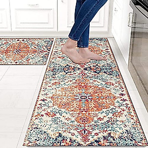Boho Style Kitchen Rugs and mats Set of 2,Farmhouse Kitchen Mat for Sink,Non Slip Absorbent Stain Resistant Floor Mat for Kitchen Laundry Room Rug Area Runner Rug Orange
