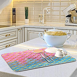 Sea Mermaid Scales Dish Drying Mat 16"x18" Absorbent Machine Washable Hanging Fast Dry Pad Dish Protective Mat for Kitchen Countertop Heat Resistant Dinner Table Mat