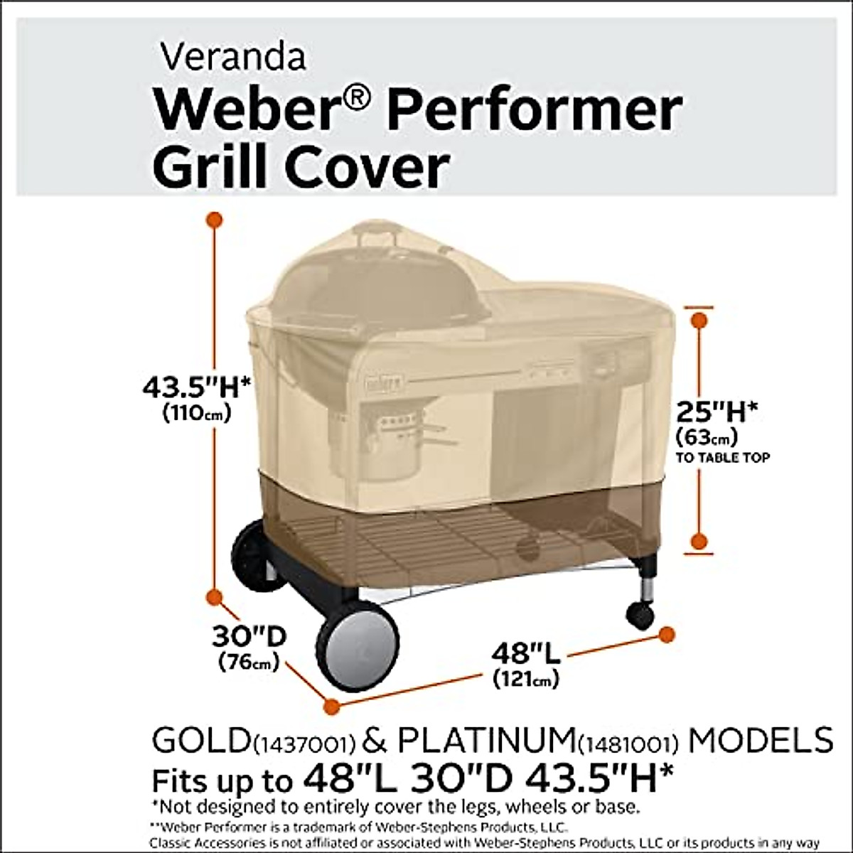 Classic Accessories Veranda Water-Resistant 48 Inch BBQ Grill Cover for Weber Performer