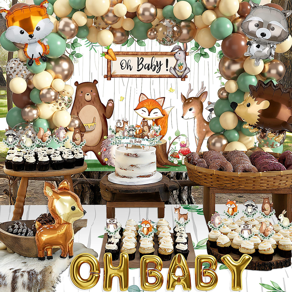 Woodland Animals Baby Shower Decoration Pack Forest Animal Neutral Gender Reveal Party Supplies Woodland Themed Birthday Party Ideas Set 106 Pcs Backdrop, Tablecloth, Cake Toppers, Balloons (Woodland