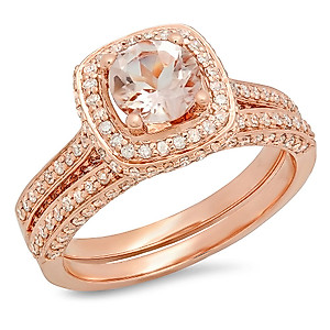 Dazzlingrock Collection 14K Round Morganite & White Diamond Bridal Split Shank Halo Engagement Ring Set, Rose Gold, Size 7