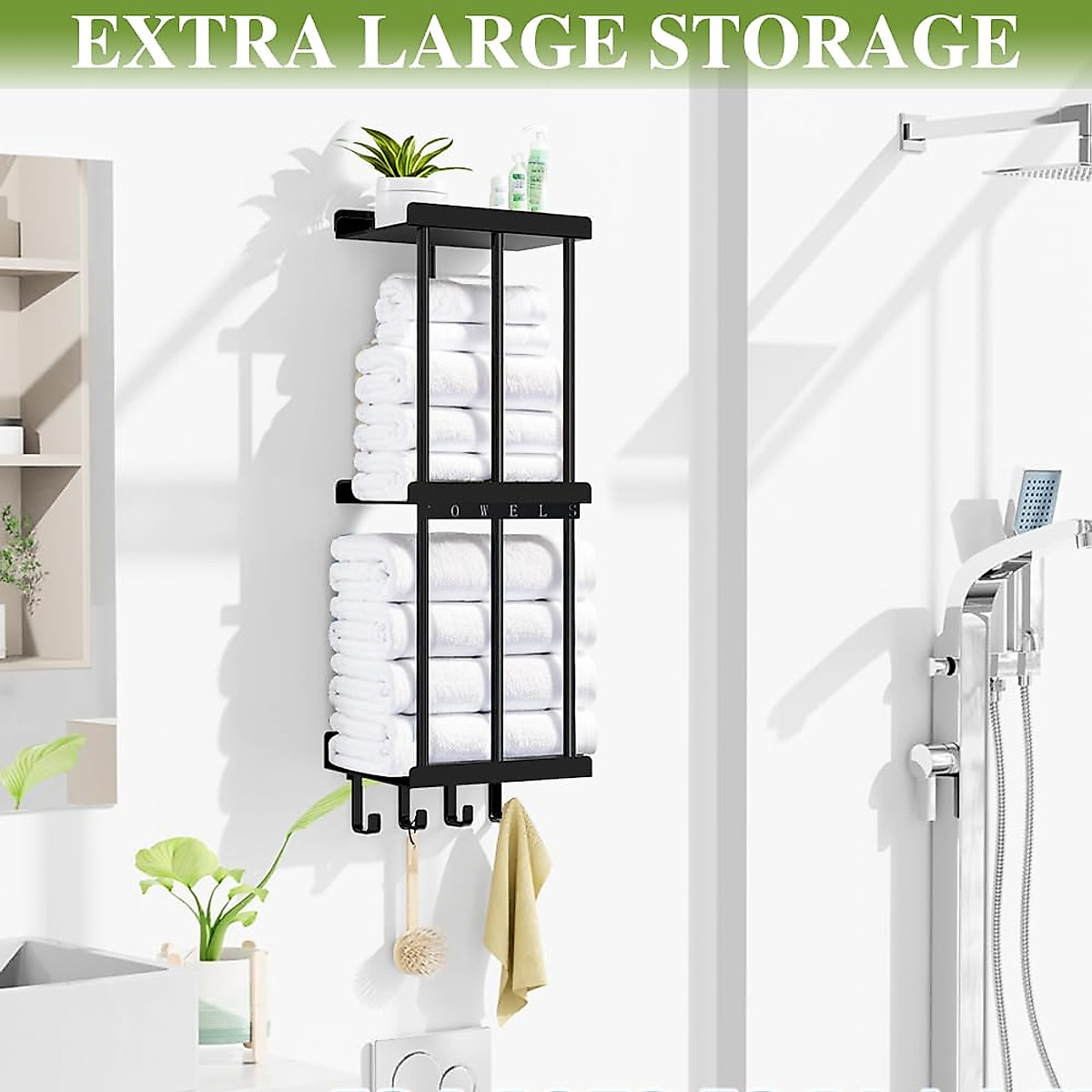 Bathroom Towel Storage Rack 3 Tier Towel Racks for Bathroom Wall Mounted 32 inch with Shelf and 4 Hooks of Rolled Bath Towels