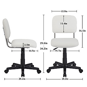 VECELO Armless Home Office Sherpa Vanity Chair with Wheels Faux Fur, Swivel Height Adjustable for Bedroom Makeup, White