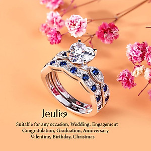 Jeulia 3 Carat CZ Solitaire Engagement Rings Halo Milgrain Heart Cut Sterling Silver Ring Set Promise Engagement Wedding Anniversary Rings Bridal Sets for Women (Blue, 7)