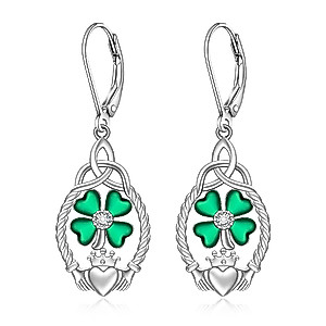 St Patricks Day Earrings Shamrock Earrings for Women Sterling Silver Four Leaf Clover Celtic Claddagh Green Irish Shamrock Dangle 4 Leaf Clover Jewelry Lucky Gifts