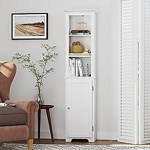 UTEX 64" Freestanding Storage Cabinet, Bathroom Tall Cabinet with Doors and Shelves, Free Standing Linen Tower, Home Storage Furniture,White