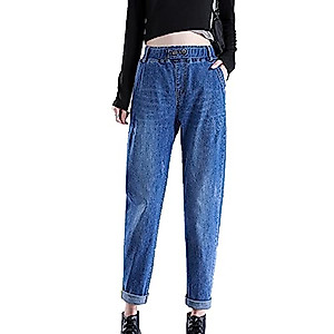 Maiyifu-GJ Women's Elastic Waist Cropped Jeans Casual Pull-on Baggy Denim Joggers Pants High Waist Boyfriend Slim Fit Jean (Blue,33)