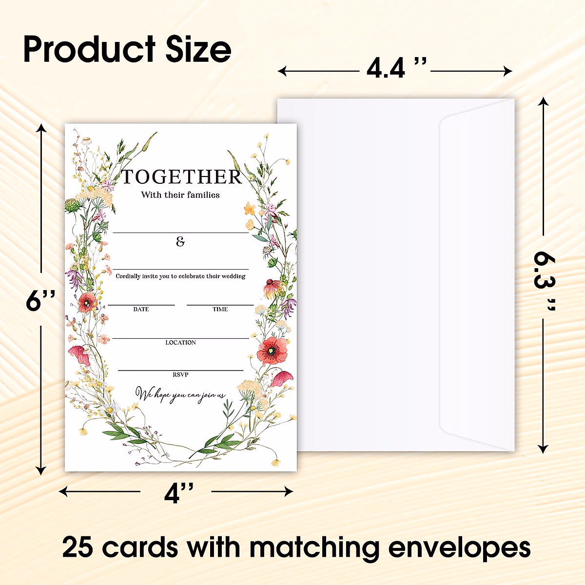 WwongxianB Set of 25 Wedding Wildflower Invitations with Envelopes, Fall Wreath Invites for Bridal Shower, Wedding Shower Reception, Evening Invitations, Fill in Style Invites Cards -010
