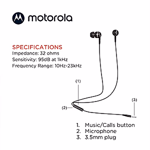 Motorola Wired Earbuds with Microphone - Earbuds 105 Corded in-Ear Headphones, Control Button for Calls/Music, Comfortable Lightweight Easy-Grip Ear Buds, Clear Bass Sound, Noise Isolation - Black