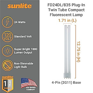 Sunlite FT24DL/835 Plug-in Twin Tube Compact Fluorescent Lamp, FT 4-Pin, 24 Watts, 1800 Lumens, 3500K Neutral White, 4-Pin (2G11) Base, 120 Volts, 1 Pack