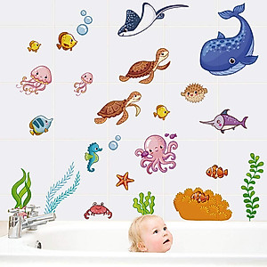 DKTIE Baby Wall Stickers for Bedroom Bathroom Pictures for Wall Baby Nursery Wall Decor Cartoon Marine Animals Bathtub Waterproof Decal (11.8" x 35.4", Marine Organism)