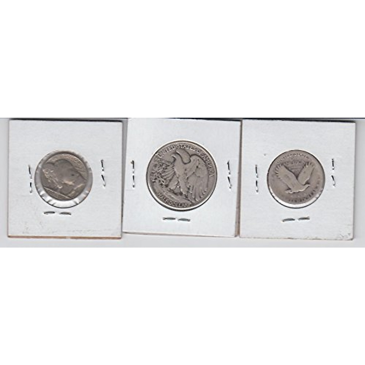 3- Old Vintage Coins- Walking Liberty Silver Half dollar, Standing Liberty Silver Quarter and a Buffalo Nickel-Dates Varie Good