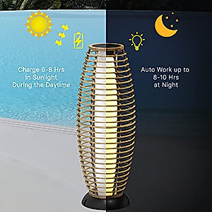 Grand patio Floor Lamp Outdoor Lamp Patio Lights Solar Powered Lantern Weather–Resistant Rattan Deck Lights, Lamp Large-Sized for Garden (Austin Natural Brown)