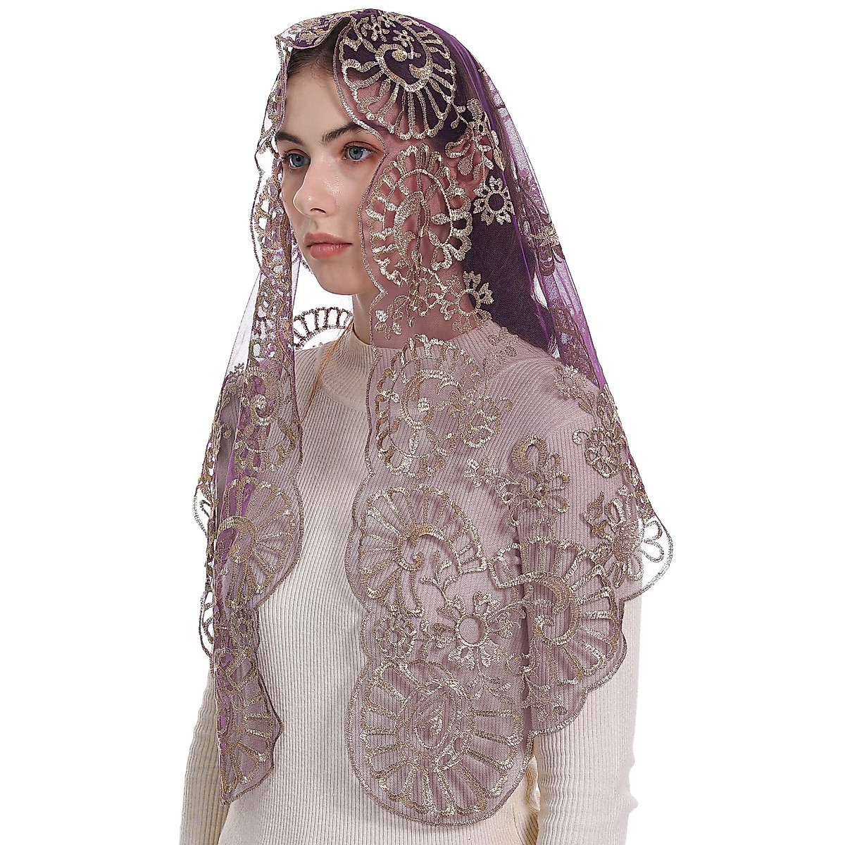 Bozidol Triangle Church Mantilla Veil Catholic Mass Chapel Lace Veil Religious Christian Gift for Women (Purple-Gold)