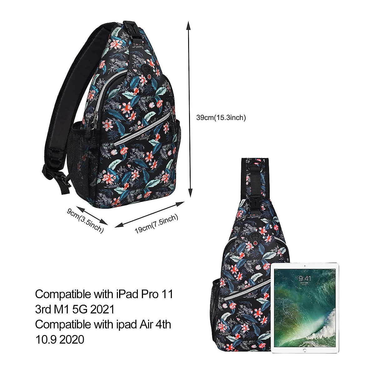 MOSISO Sling Backpack,Travel Hiking Daypack Pattern Rope Crossbody Shoulder Bag, Navy Blue Base Totem Texture&Lychnis