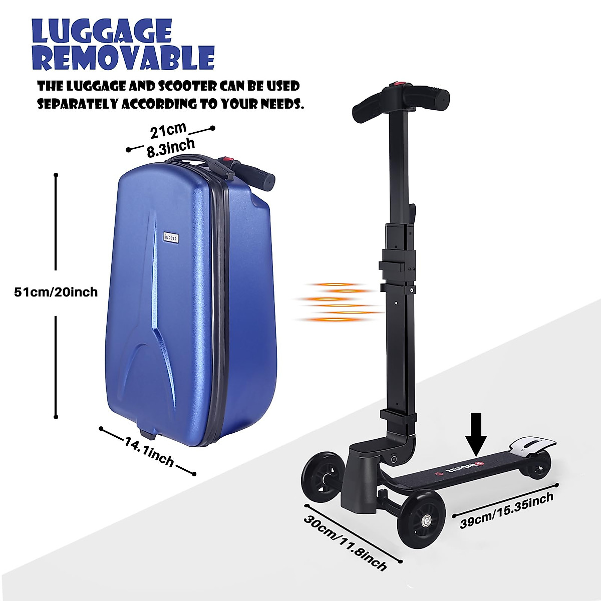 iubest Scooter Luggage Carry On Scooter Suitcase for Kids Age 4-15, Detachable & Foldable 4 in 1 Kids Suitcase, Multifunctional Ride On Travel Trolley Scooter Combo-Blue