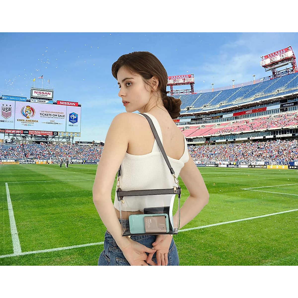 Y&R Direct 3-IN-1 Clear Zipper Crossbody Bag with Vegan Leather Trim Clear Purse for Stadium Festival Concert Gameday Gifts (Grey)